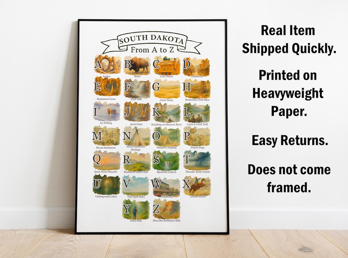 South Dakota A-Z Alphabet Poster, State Symbols & Icons, Travel Art ...