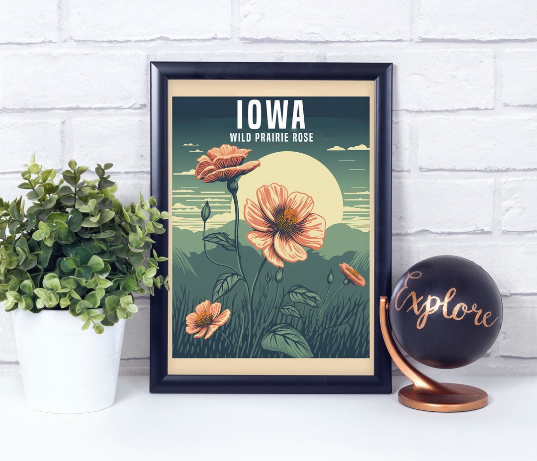 Wild Prairie Rose, Iowa State Flower in Vintage Retro Style, Poster ...
