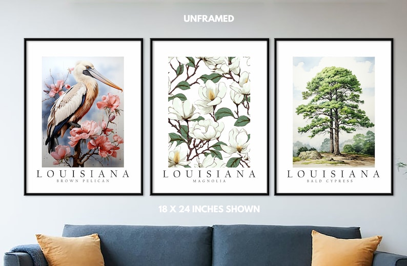 Louisiana State Symbols Poster Prints, Pelican, Cypress, Magnolia, Set ...