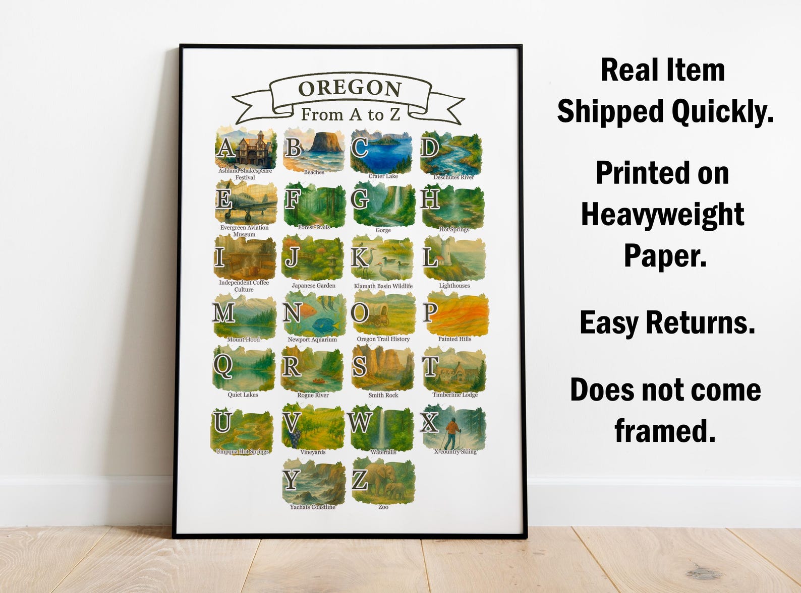 Oregon A-Z Alphabet Poster, State Symbols & Icons, Travel Art, Wall ...