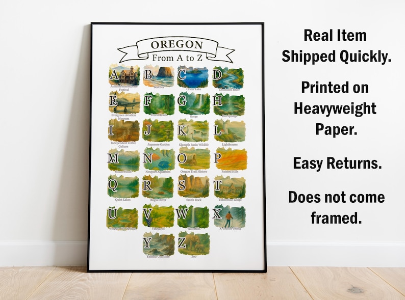 Oregon A-Z Alphabet Poster, State Symbols & Icons, Travel Art, Wall ...