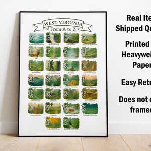 West Virginia A-Z Alphabet Poster, State Symbols & Icons, Travel Art ...