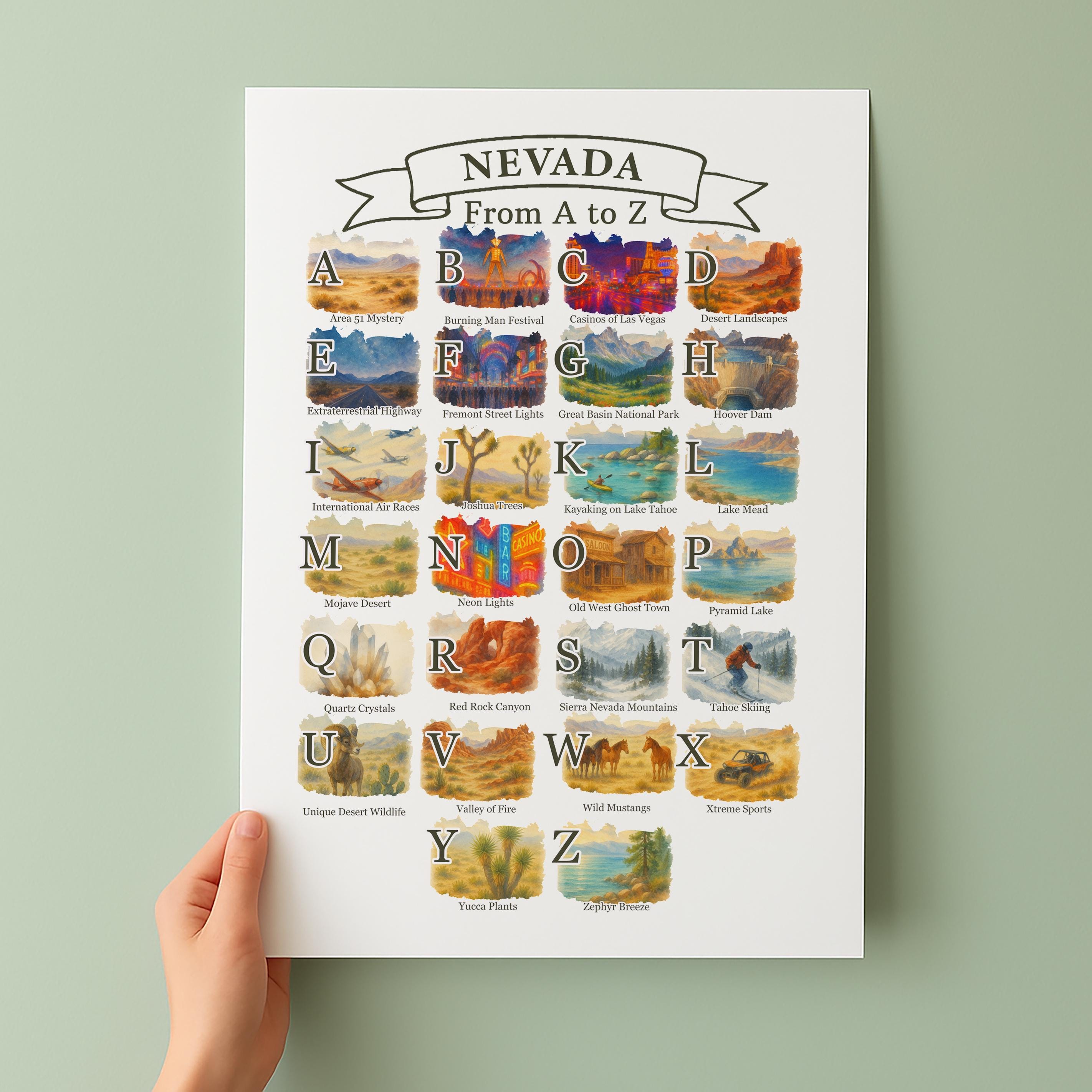 Nevada A-Z Alphabet Poster, Nevada State Symbols & Icons, Travel Art ...