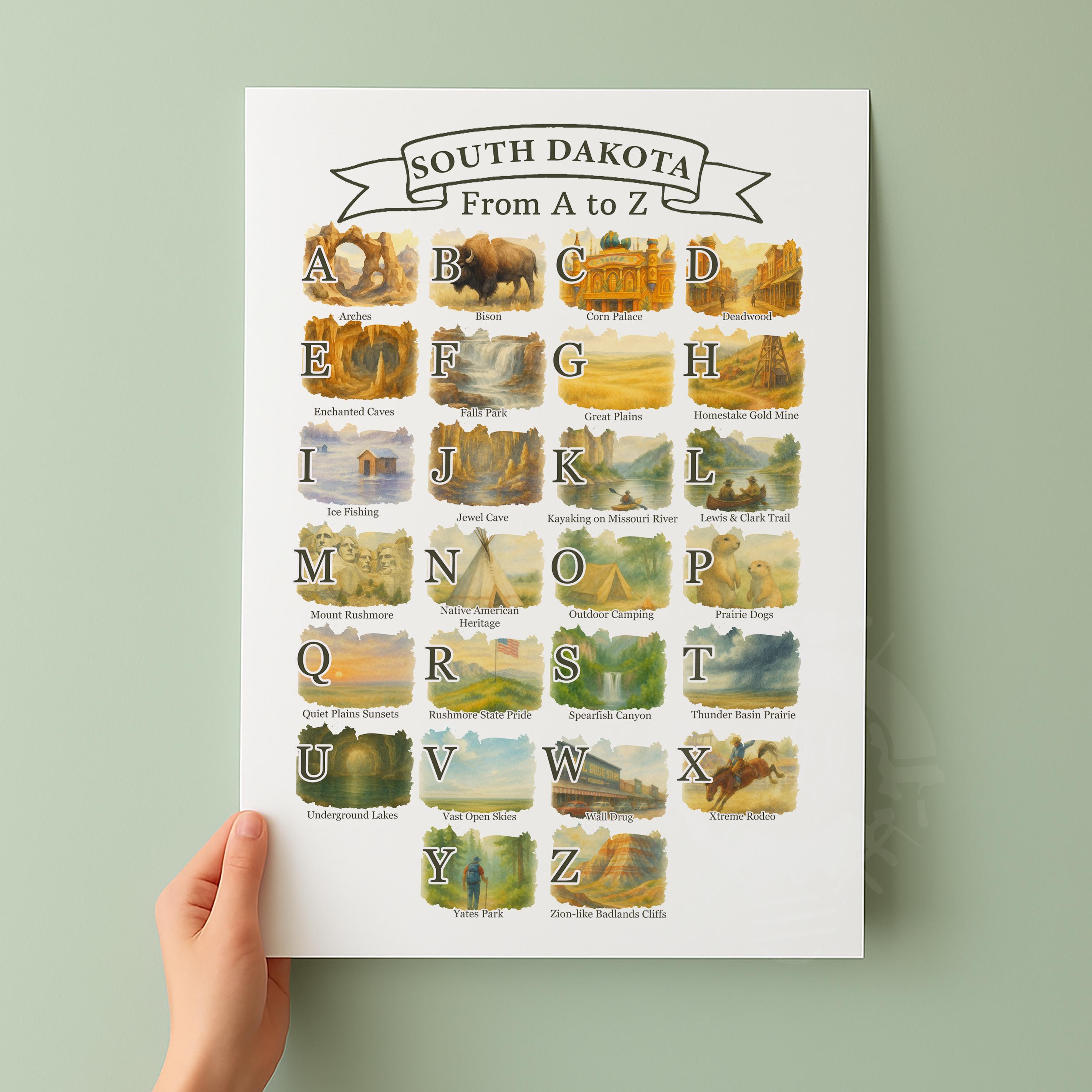 South Dakota A-Z Alphabet Poster, State Symbols & Icons, Travel Art ...