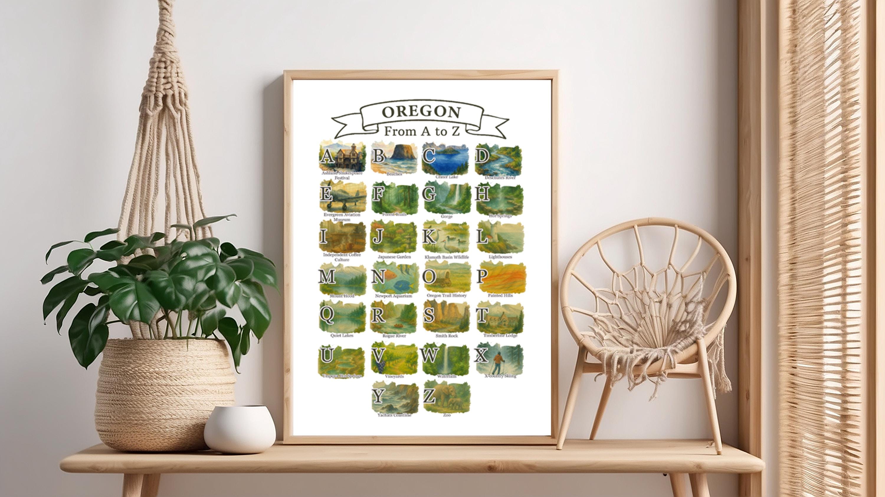 Oregon A-Z Alphabet Poster, State Symbols & Icons, Travel Art, Wall ...