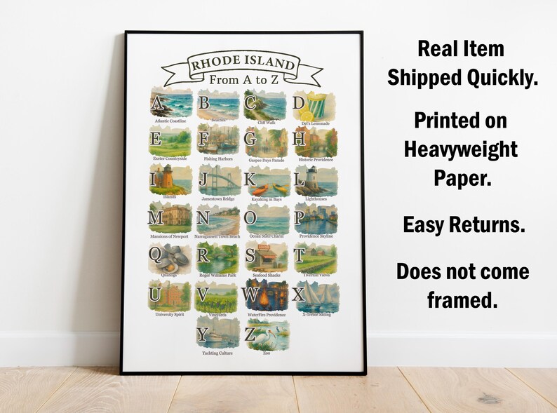 Rhode Island A-Z Alphabet Poster, State Symbols & Icons, Travel Art ...