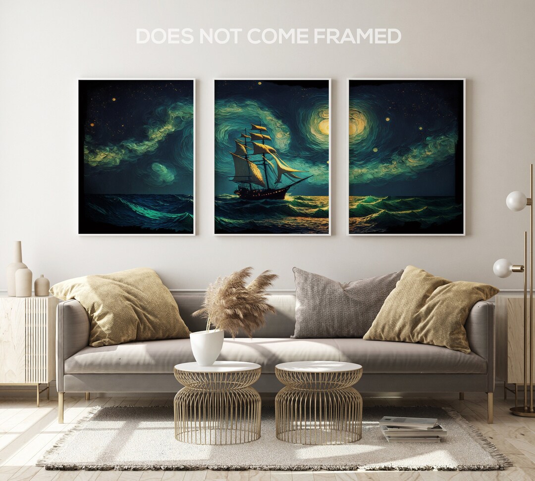 Xebec Frigate Sails at Night Style 3, Set of 3 Poster Prints, Wall Art ...