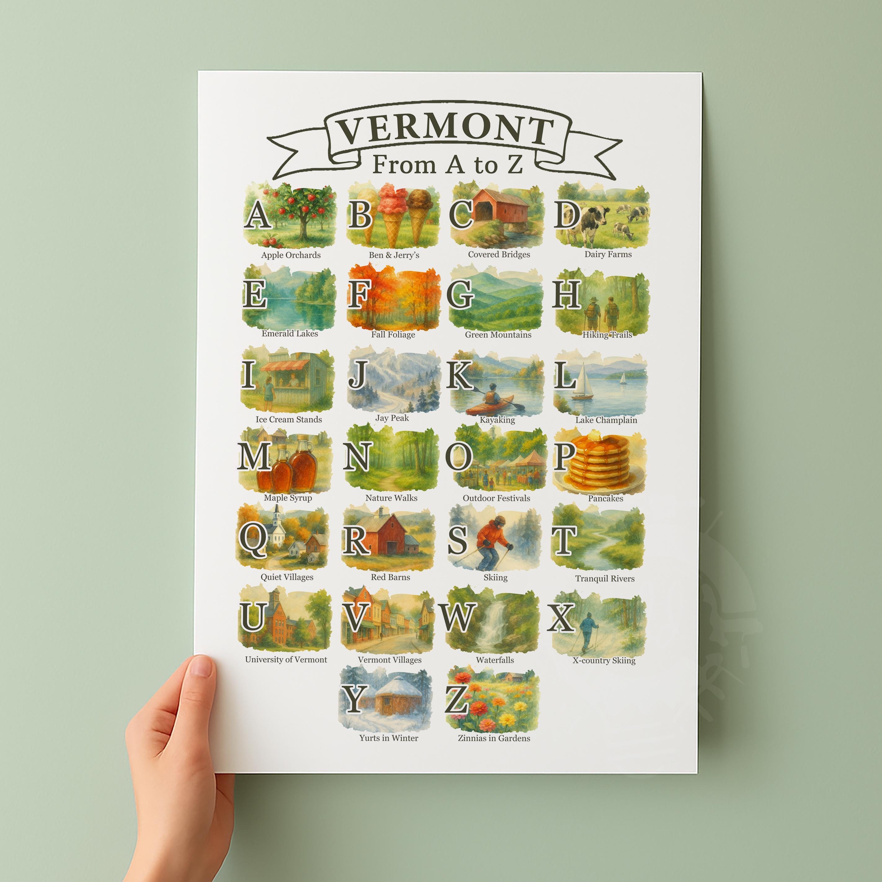 Vermont A-Z Alphabet Poster, State Symbols & Icons, Travel Art, Wall ...