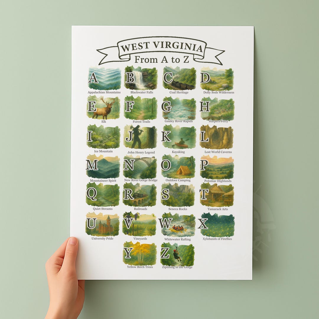 West Virginia A-Z Alphabet Poster, State Symbols & Icons, Travel Art ...