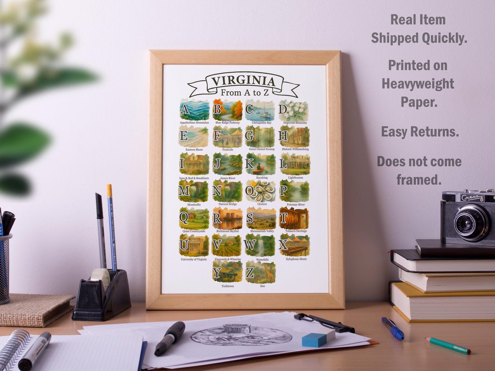 Virginia A-Z Alphabet Poster, State Symbols & Icons, Travel Art, Wall ...