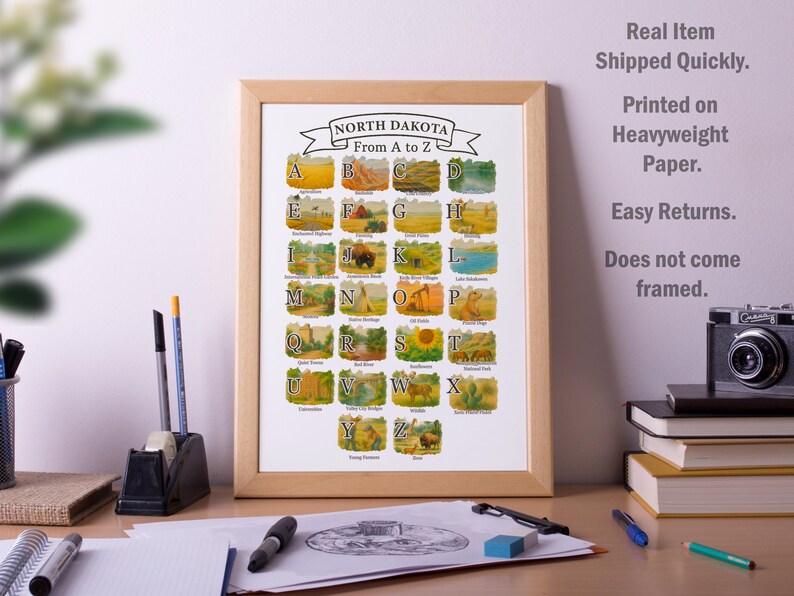 North Dakota A-Z Alphabet Poster, State Symbols & Icons, Travel Art ...