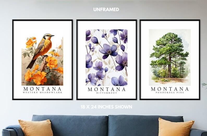 Montana State Symbols Poster Prints, Western Meadowlark, Ponderosa Pine ...