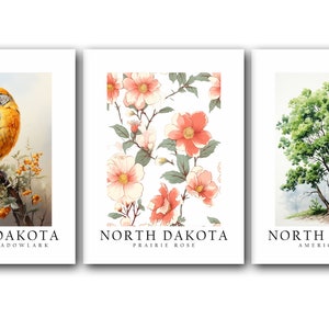 North Dakota State Symbols Poster Prints: Meadowlark, Rose, Elm - Set ...