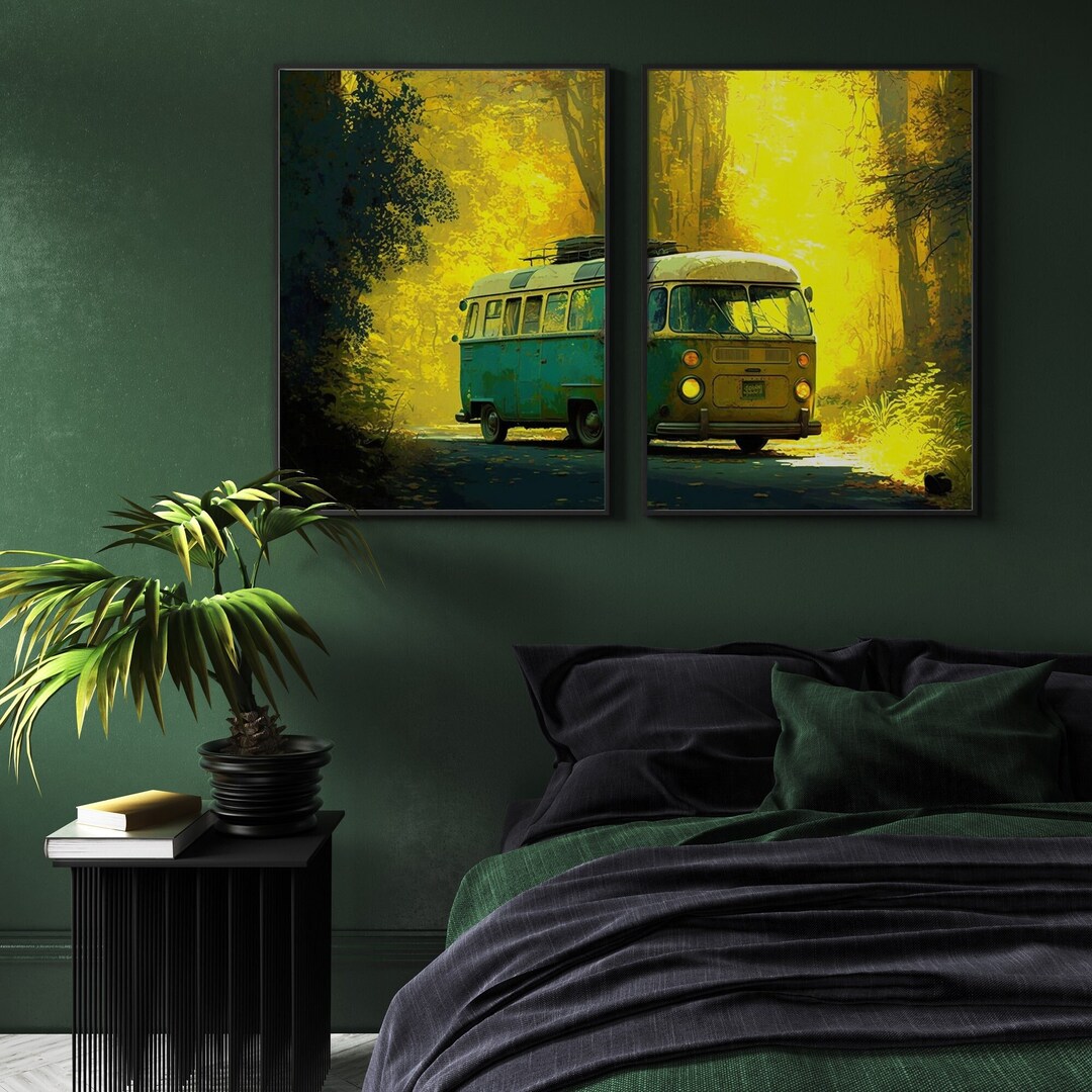 Old Yippie Bus in the Forest, Set of 2 Poster Prints, Home Wall Décor ...
