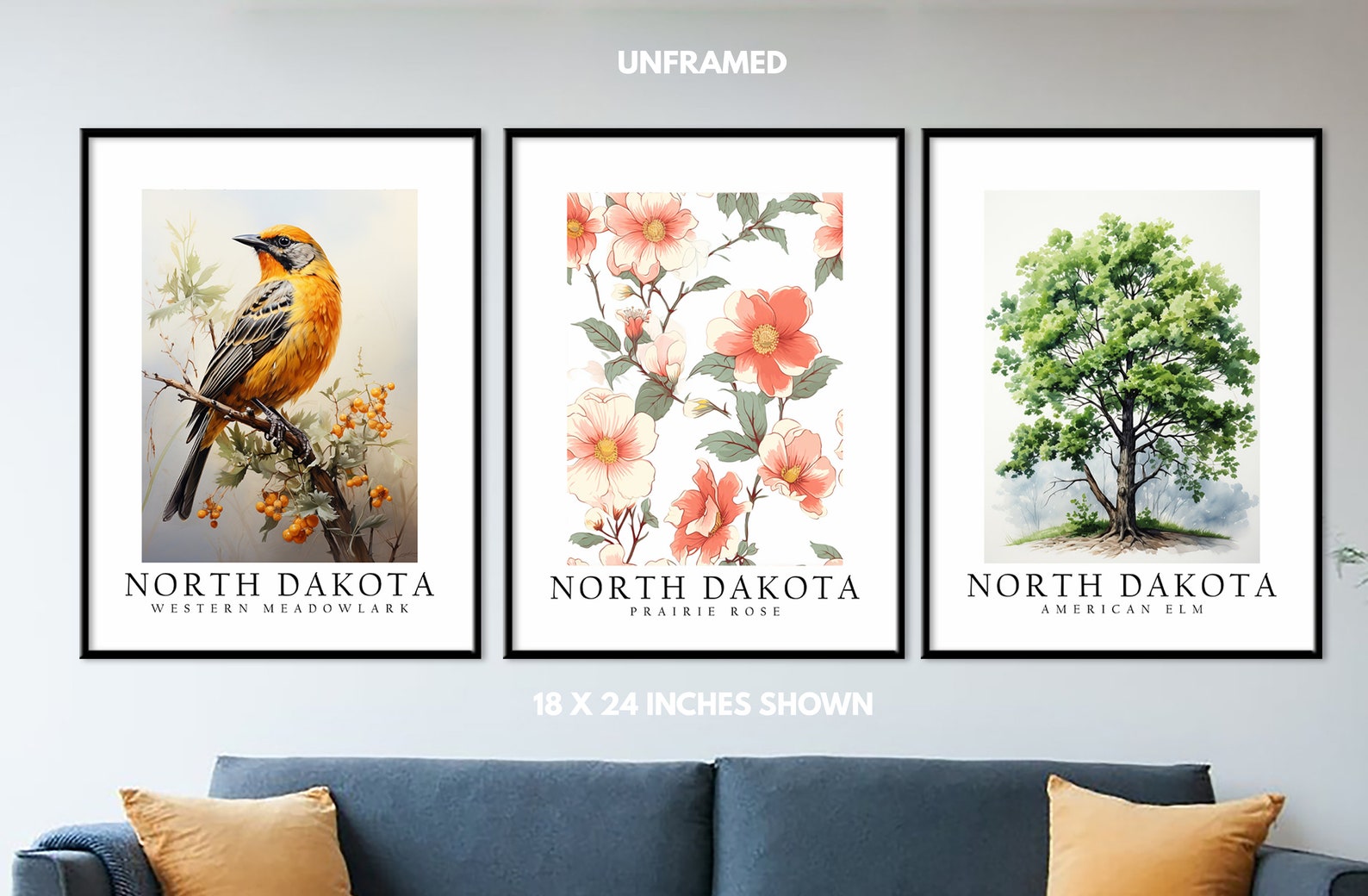 North Dakota State Symbols Poster Prints: Meadowlark, Rose, Elm - Set ...