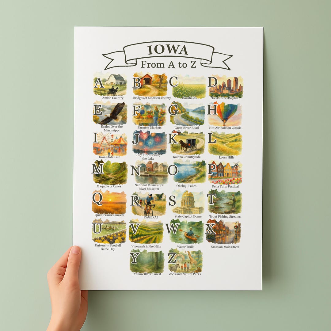 Iowa Alphabet Poster: State Symbols & Icons Wall Art - Etsy