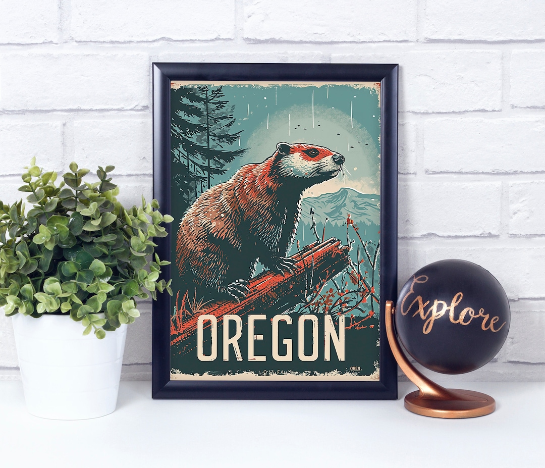 Beaver, Oregon, National State Animal, Vintage Retro Style, Poster ...