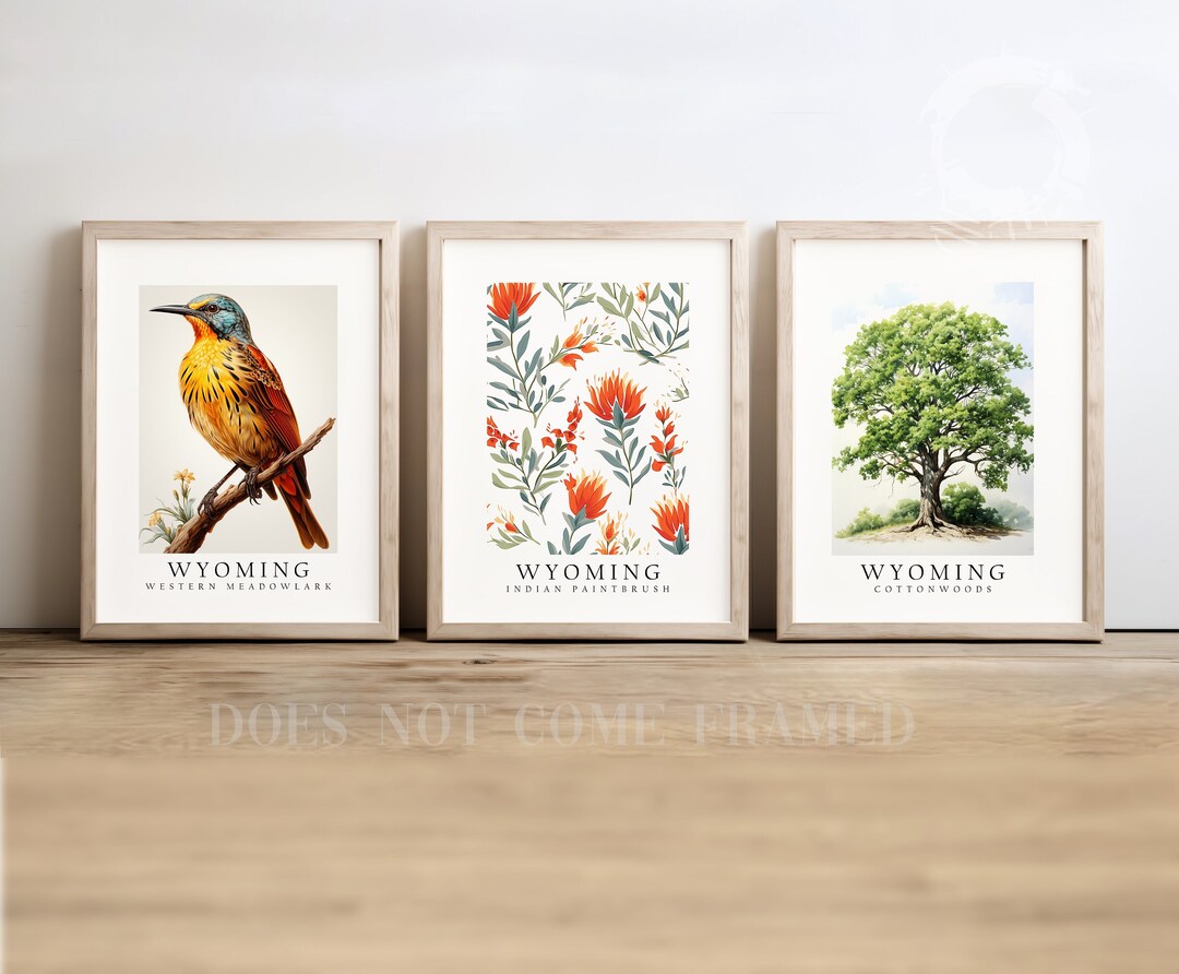 Wyoming State Symbols Poster Prints, Meadowlark, Cottonwood, Paintbrush ...