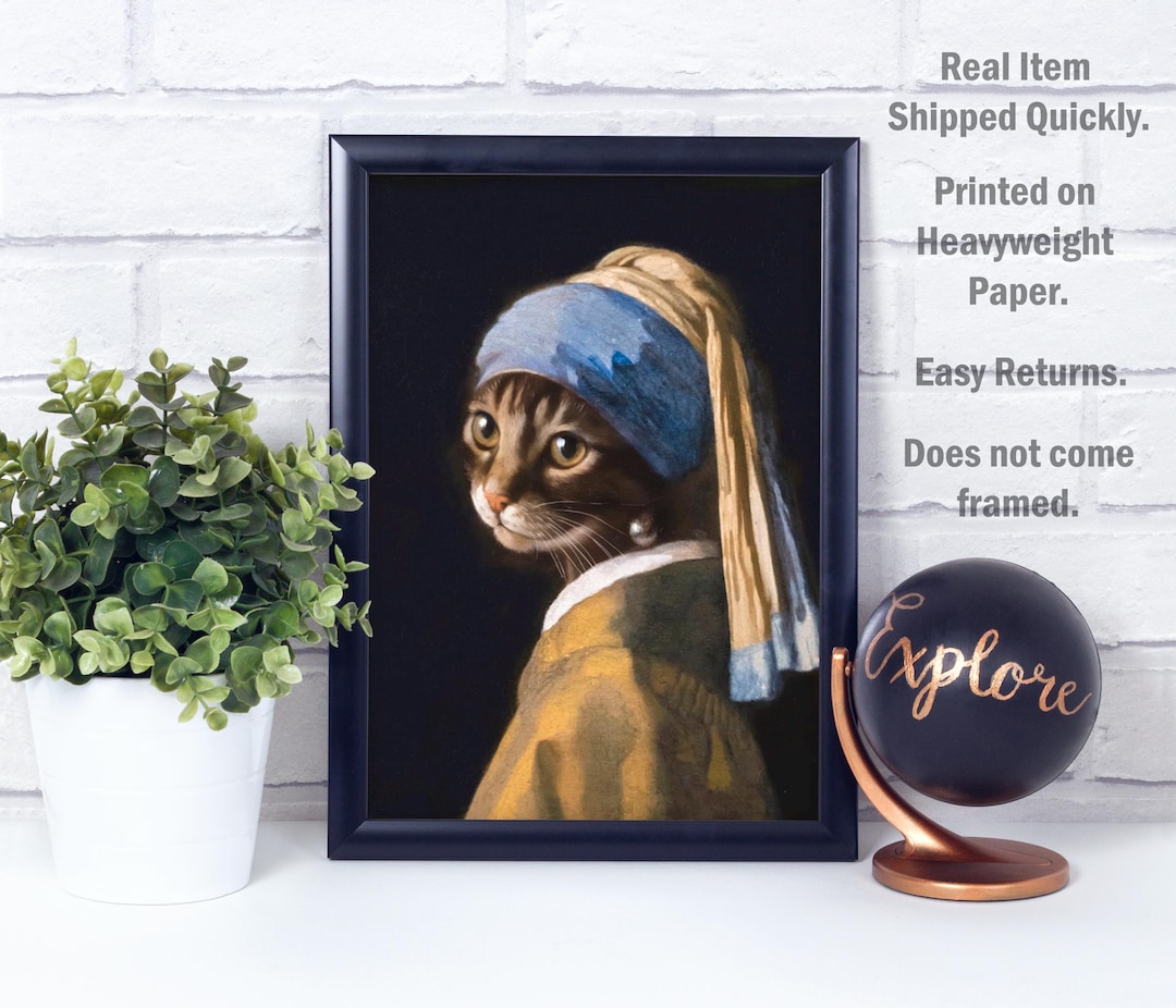 Cat With a Pearl Earring Poster Print, Vermeer Inspired, Whimsical ...