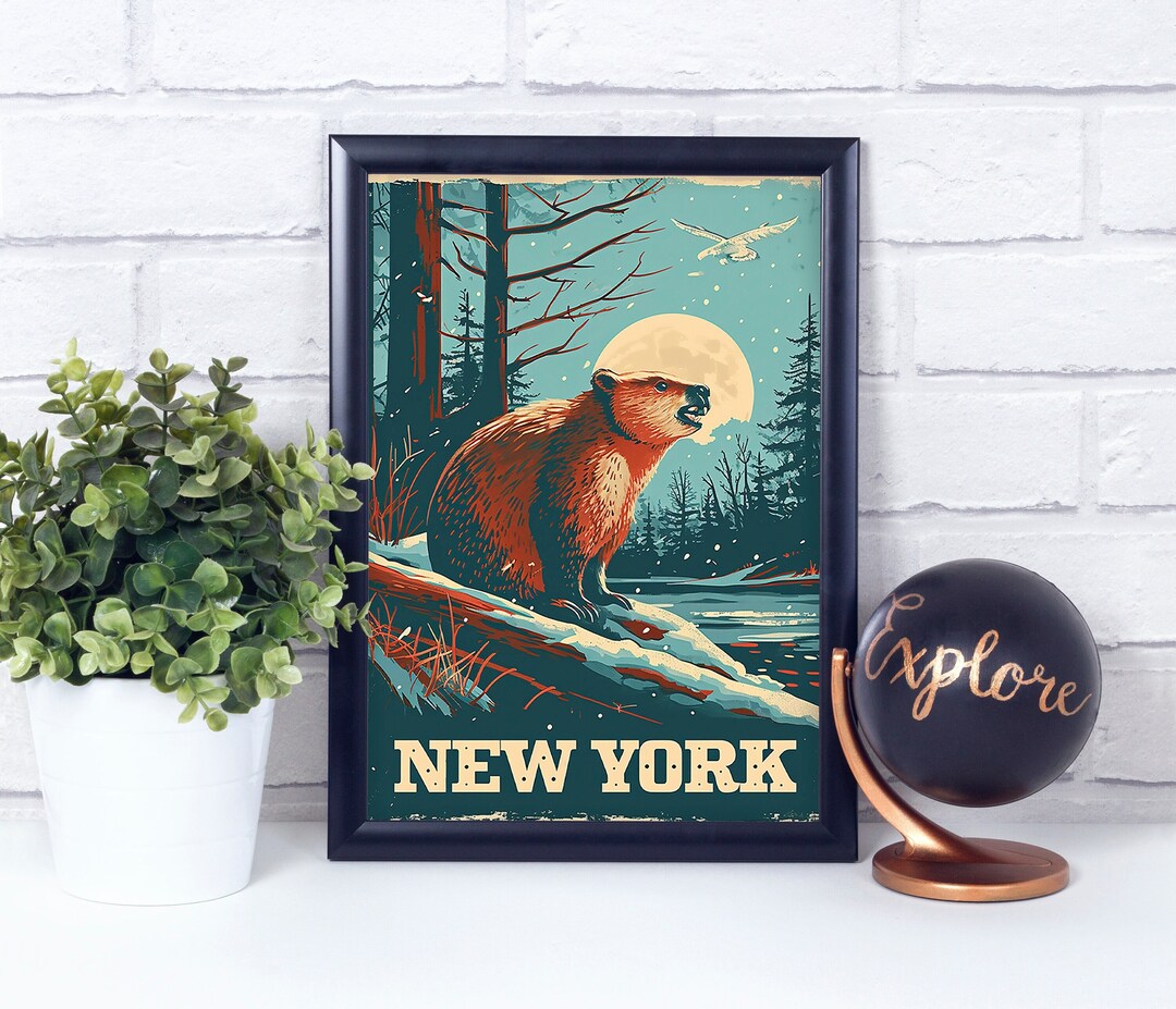 Beaver, New York, National State Animal, Vintage Retro Style, Poster ...