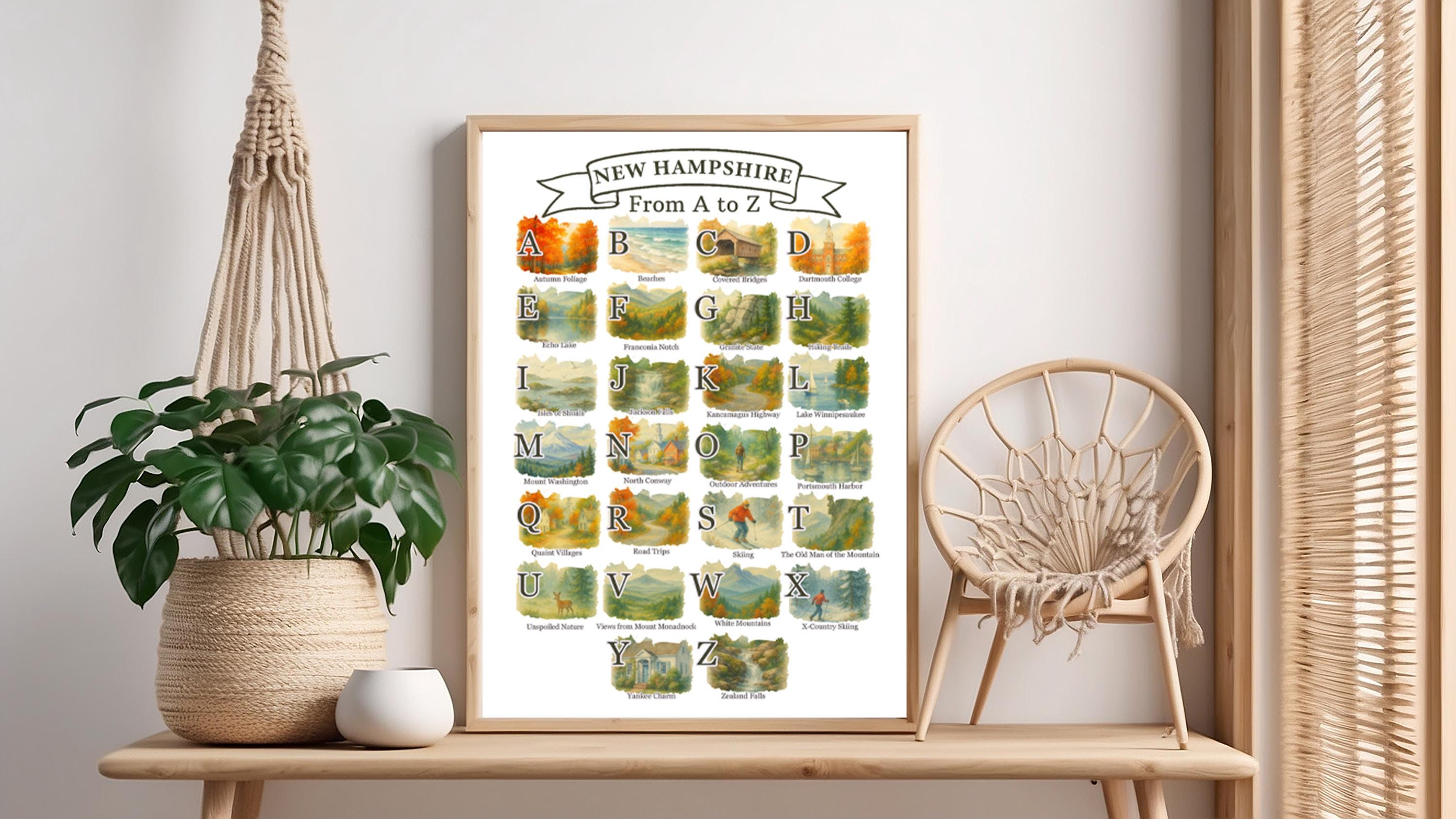 New Hampshire A-Z Alphabet Poster, State Symbols & Icons, Travel Art ...
