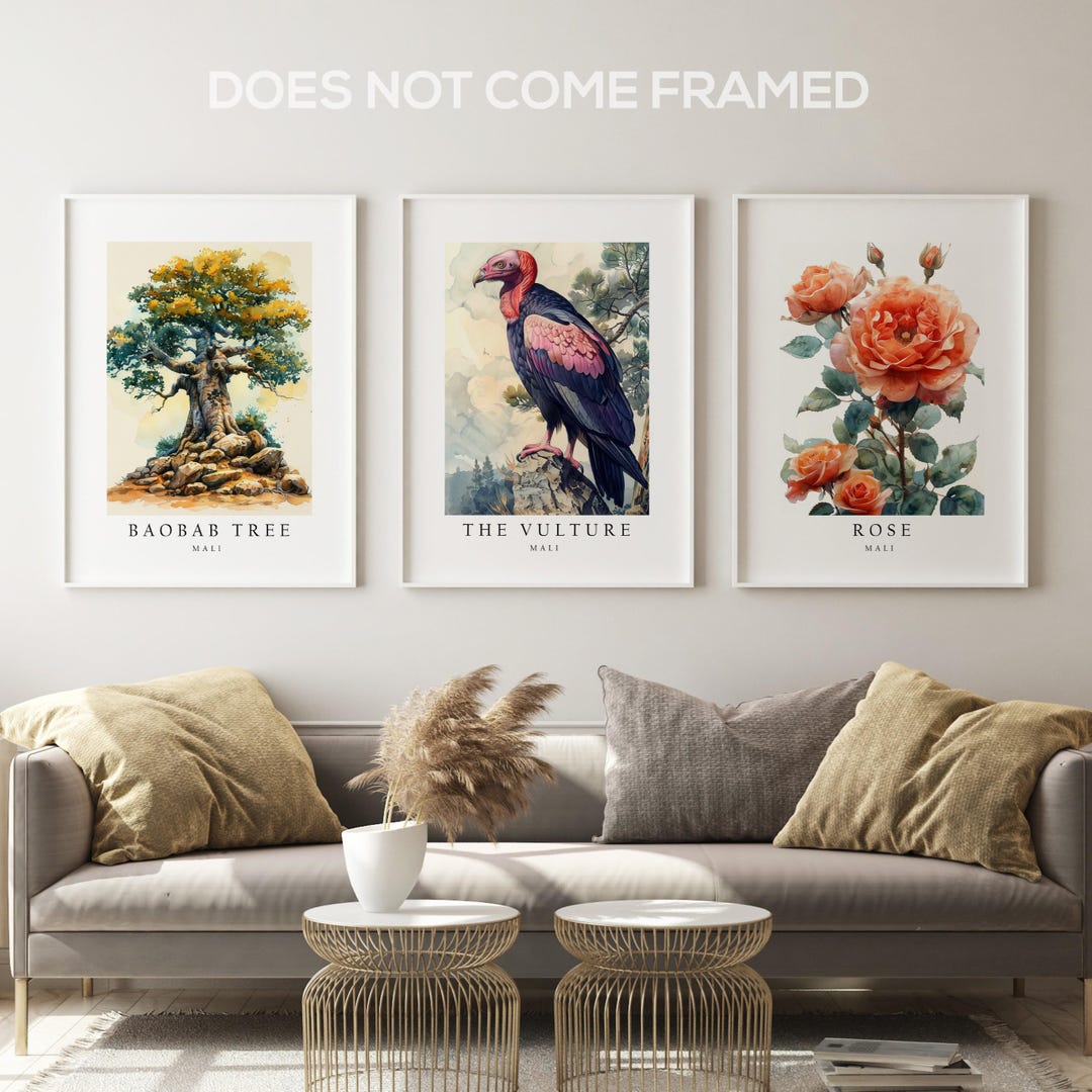 Mali National Symbols Poster Prints: Vulture, Rose, Baobab - Set of 3 ...
