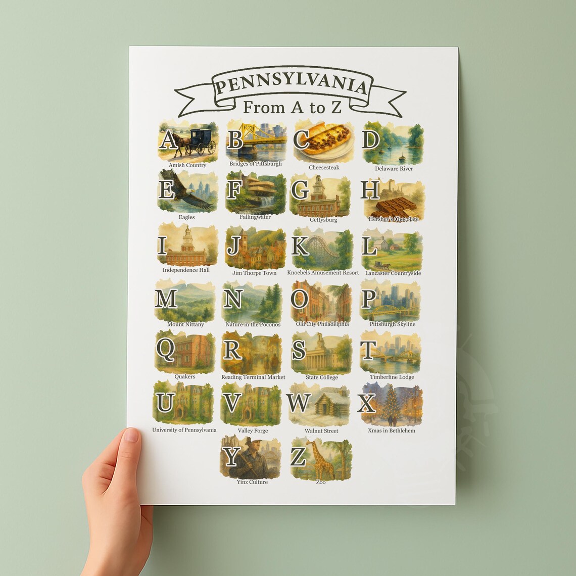 Pennsylvania A-Z Alphabet Poster, State Symbols & Icons, Travel Art ...