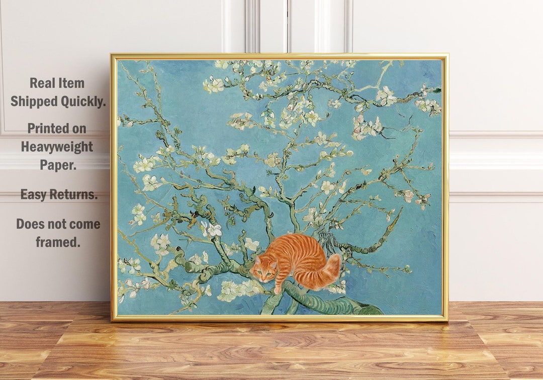 Spring Blossoms and Ginger Cat Art Print, Van Gogh Inspired ...