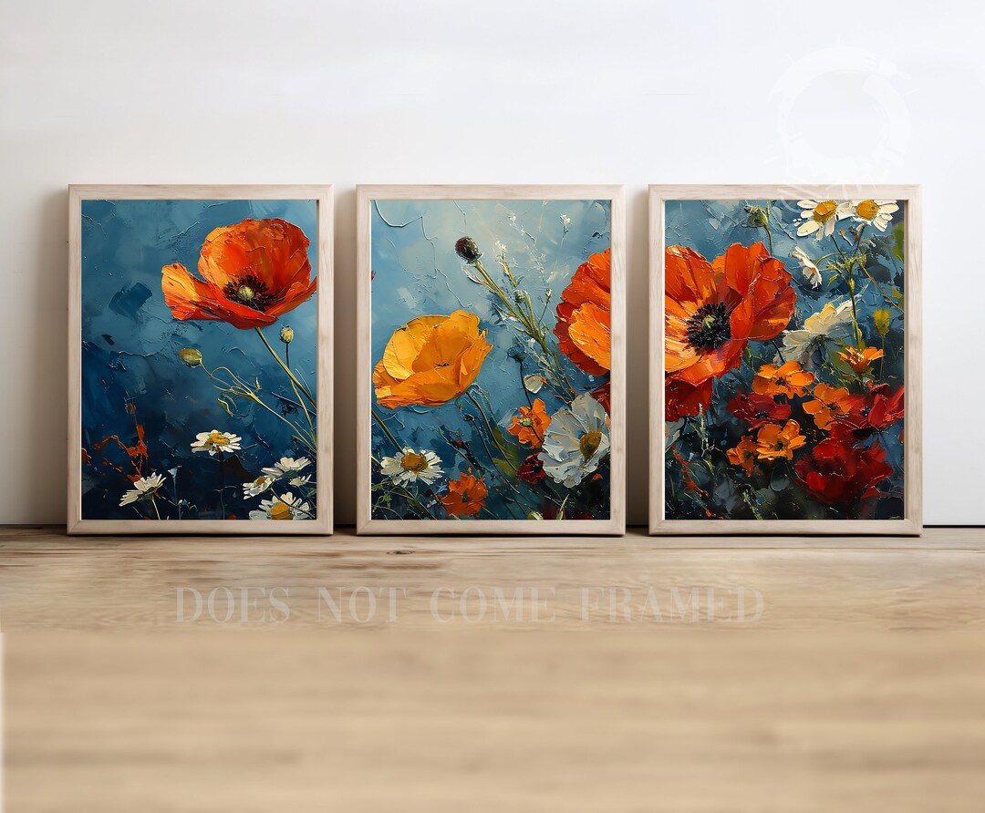 White and Orange Poppy Flowers, Style 2, Set of 3 Poster Prints, Wall ...