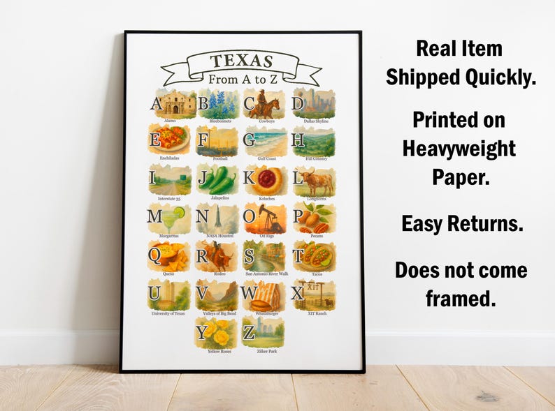 Texas A-Z Alphabet Poster, State Symbols & Icons, Travel Art, Wall ...