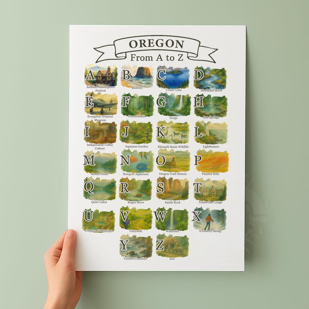 Oregon A-Z Alphabet Poster, State Symbols & Icons, Travel Art, Wall ...