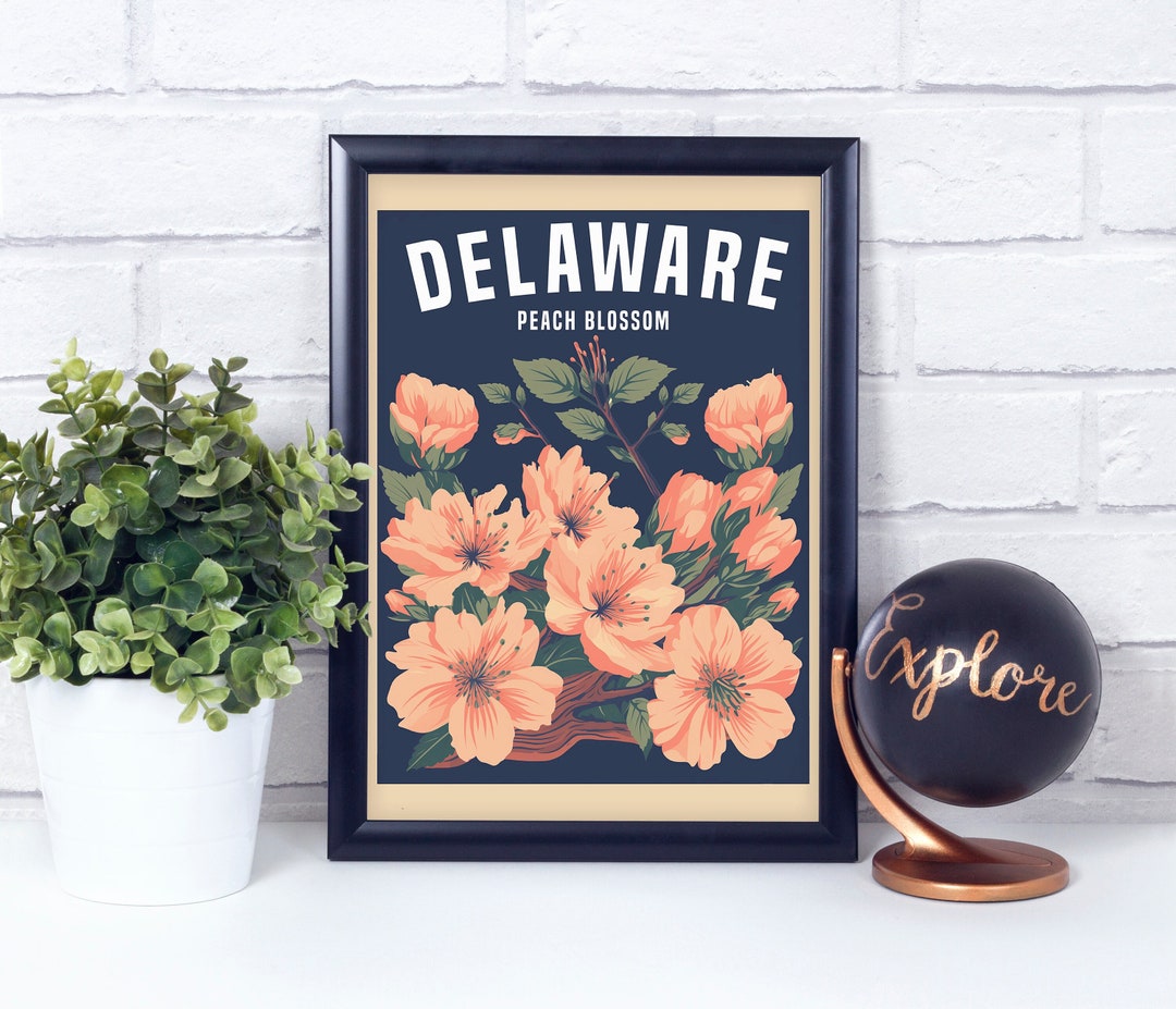 Peach Blossom, Delaware State Flower in Vintage Retro Style, Poster ...