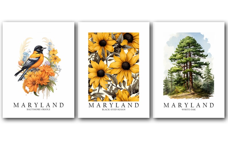 Maryland State Symbols Poster Prints, Baltimore Oriole, White Oak ...