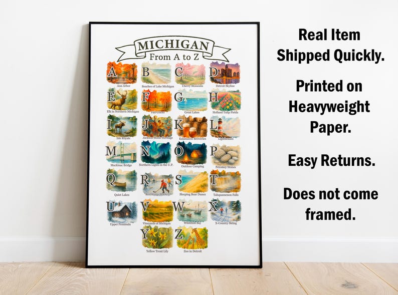 Michigan Alphabet Poster: State Symbols Wall Art - Etsy
