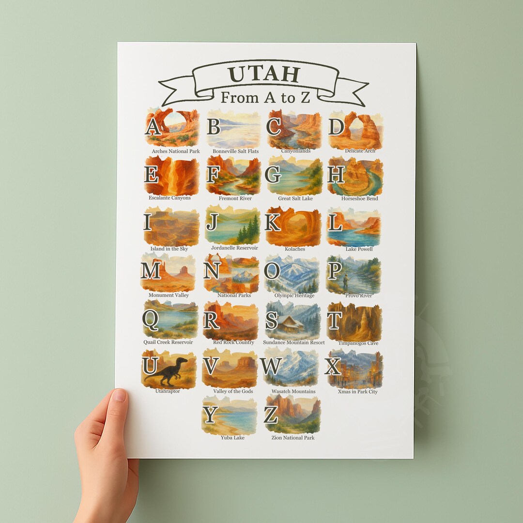 Utah A-Z Alphabet Poster, State Symbols & Icons, Travel Art, Wall Decor ...