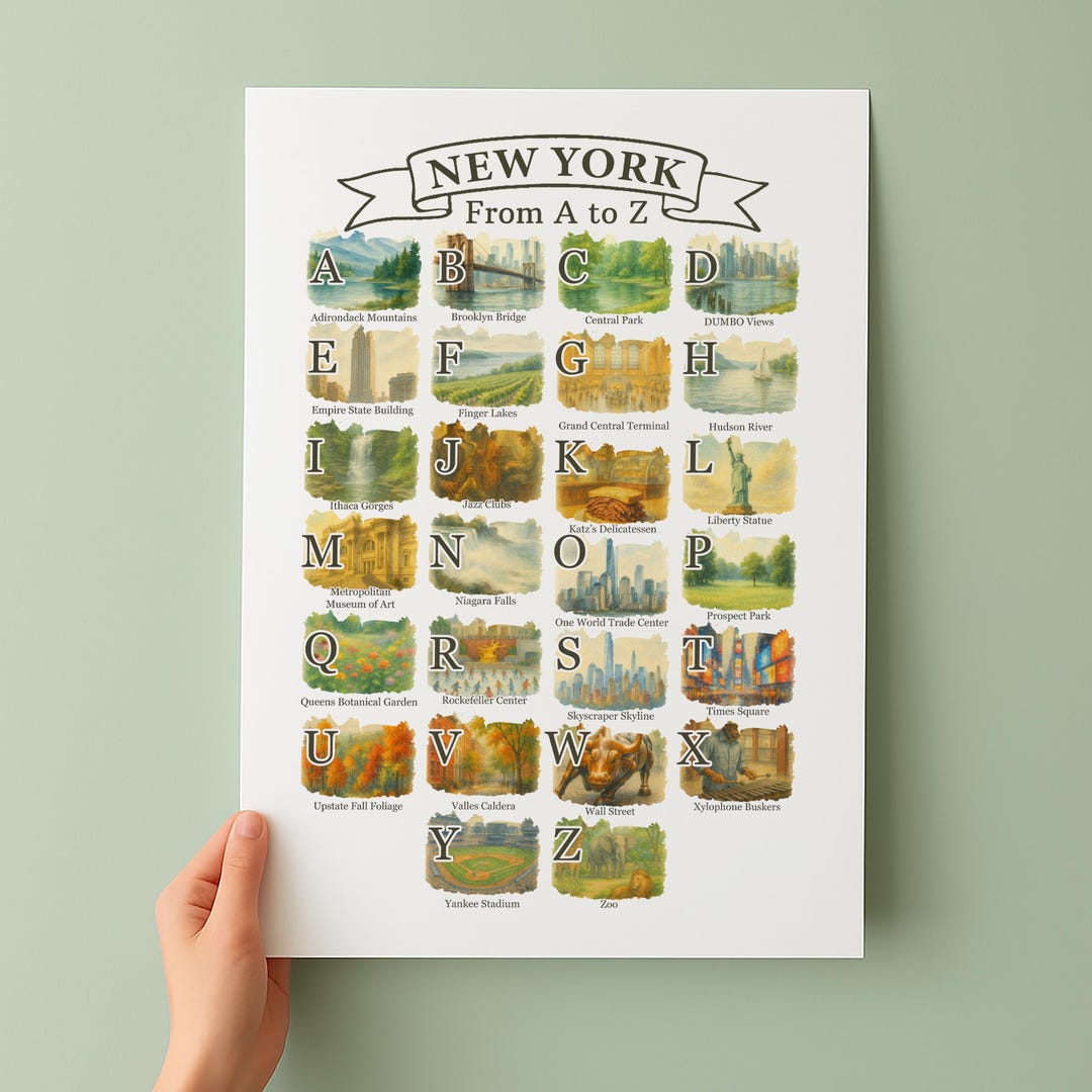 New York A-Z Alphabet Poster, State Symbols & Icons, Travel Art, Wall ...