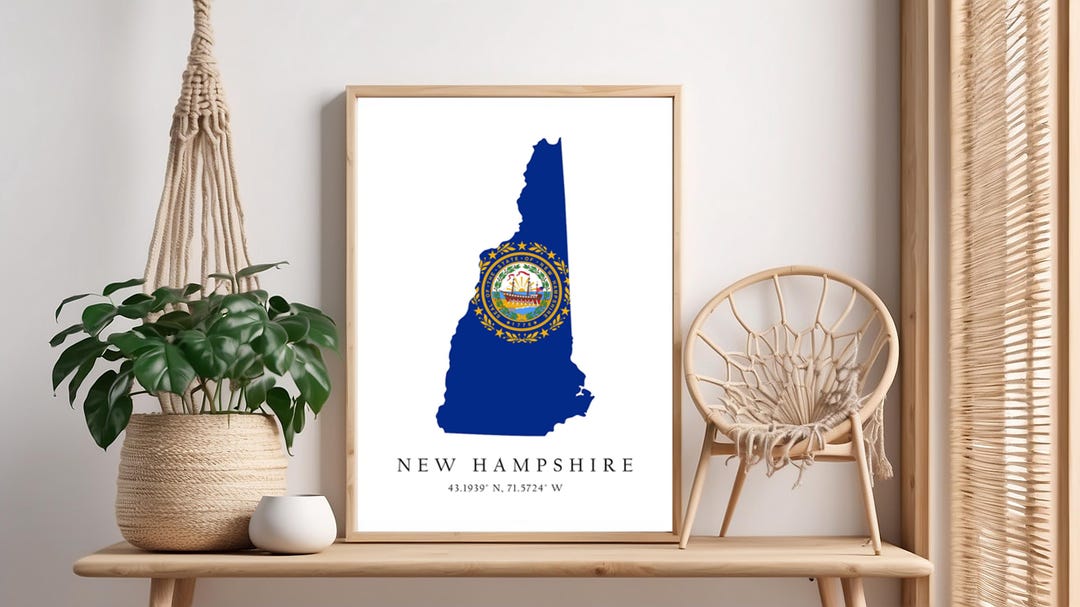 New Hampshire Map Poster Print: NH Flag, Latitude Longitude Coordinates ...
