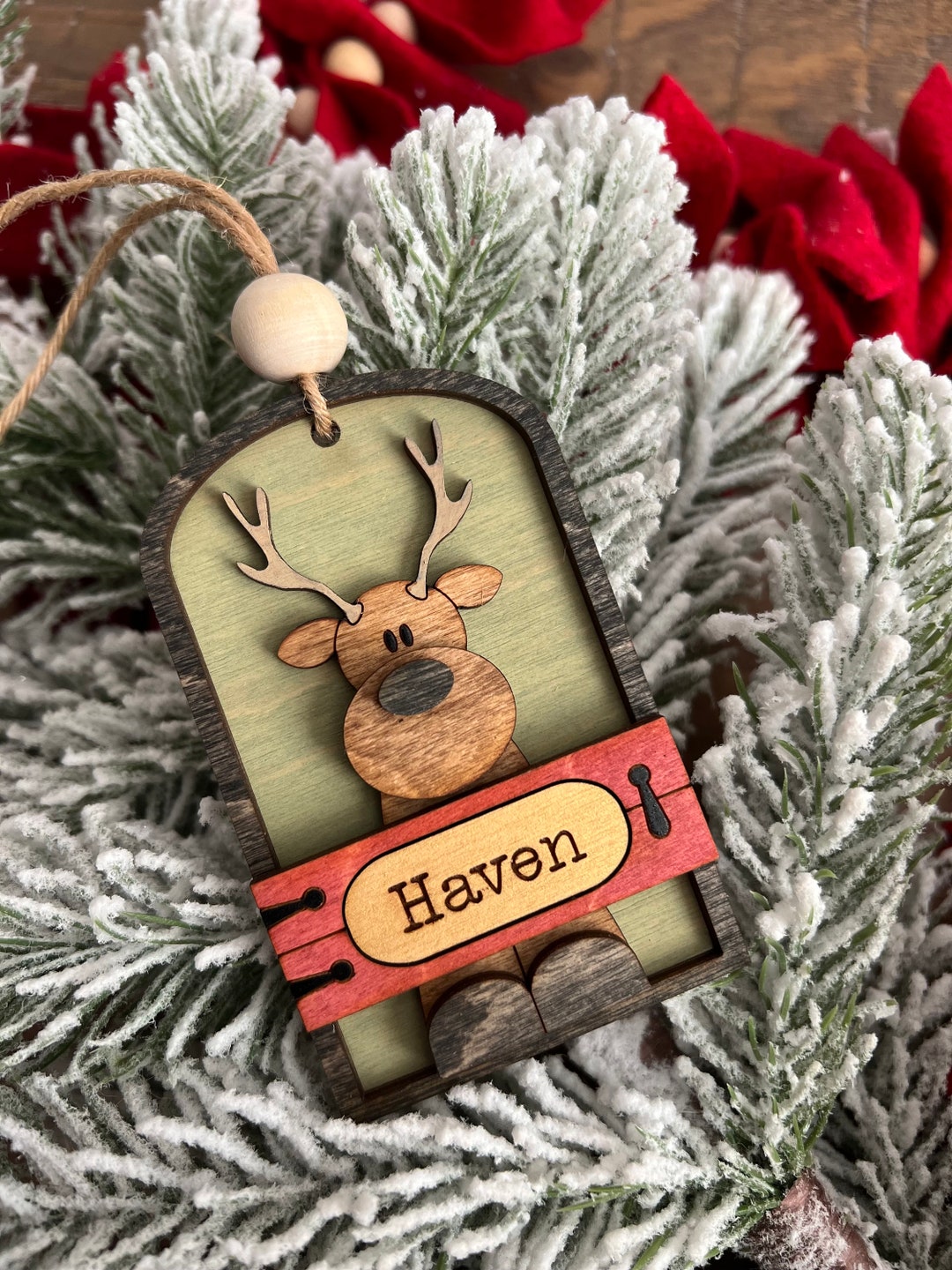 Personalized Reindeer Stall Ornament | Wooden - Etsy