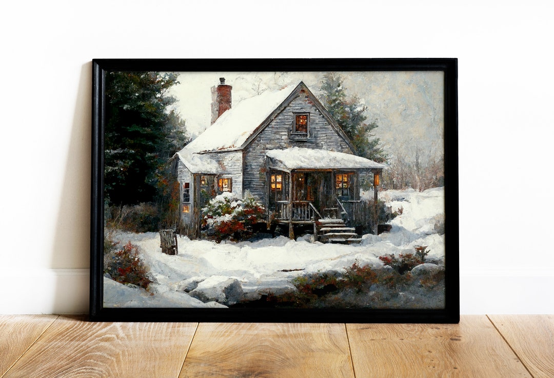 Rustic Oil Painting of Snowy Cabin in the Woods - Neutral Color Digital ...
