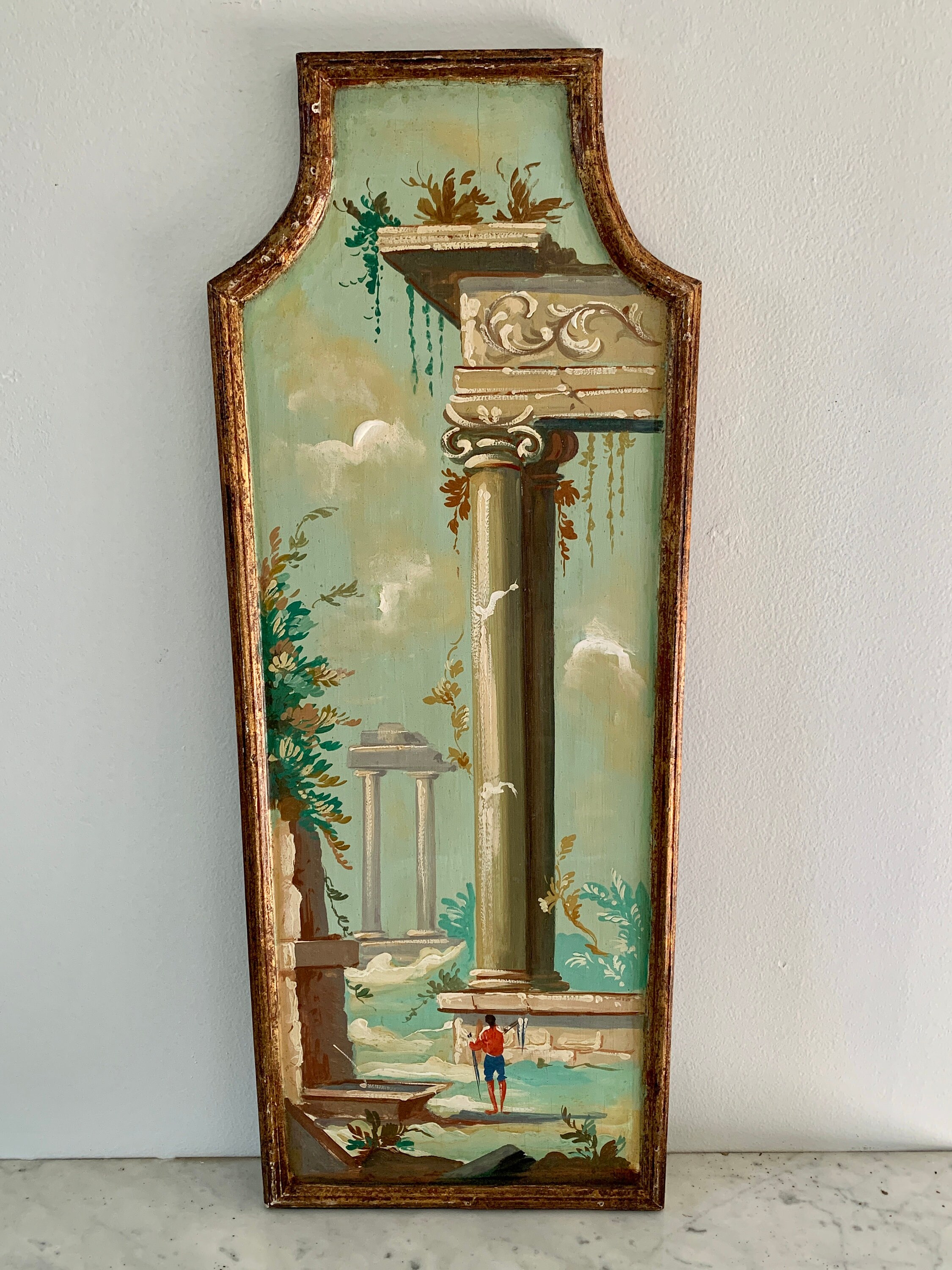 Pair Antique Italian Capriccio Landscape Paintings, Oil on Board With ...