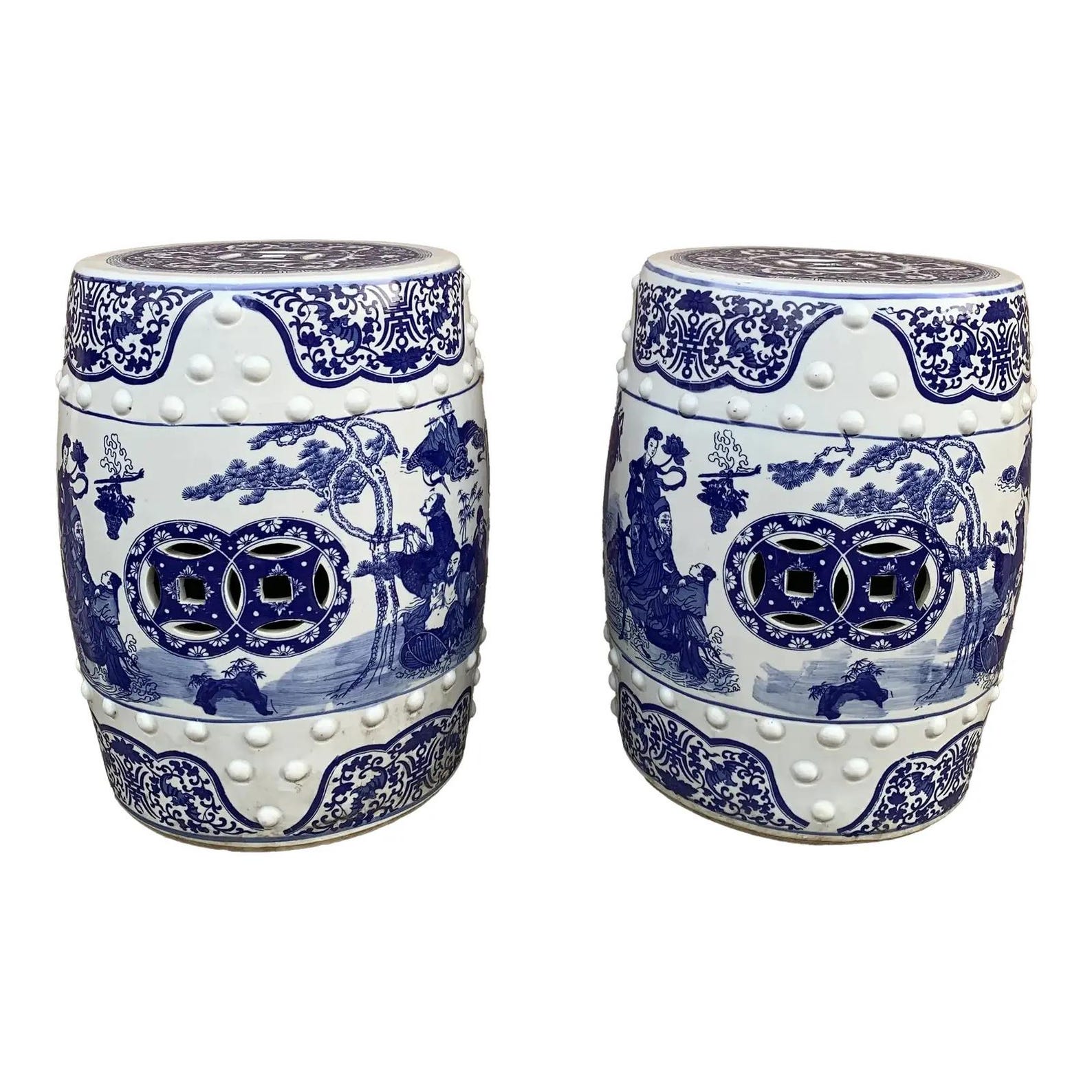 Chinoiserie Blue and White Porcelain Garden Stools or Side Tables, Pair ...