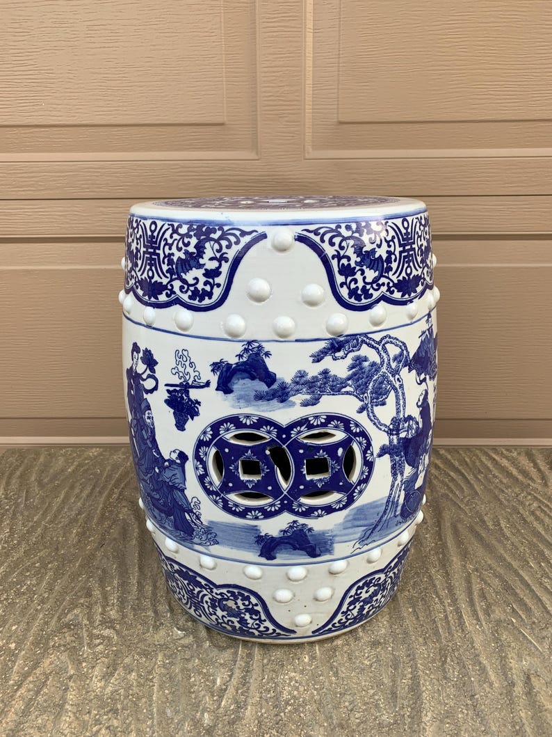 Chinoiserie Blue and White Porcelain Garden Stools or Side Tables, Pair ...