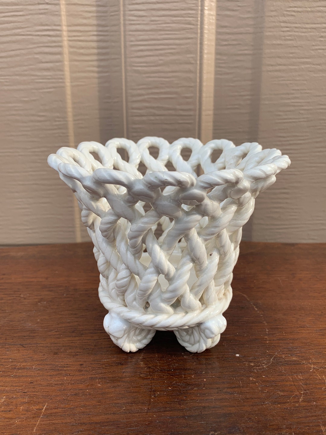 French Country White Ceramic Woven Rope Cachepot Basket - Etsy