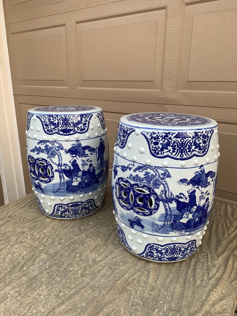 Chinoiserie Blue and White Porcelain Garden Stools or Side Tables, Pair ...