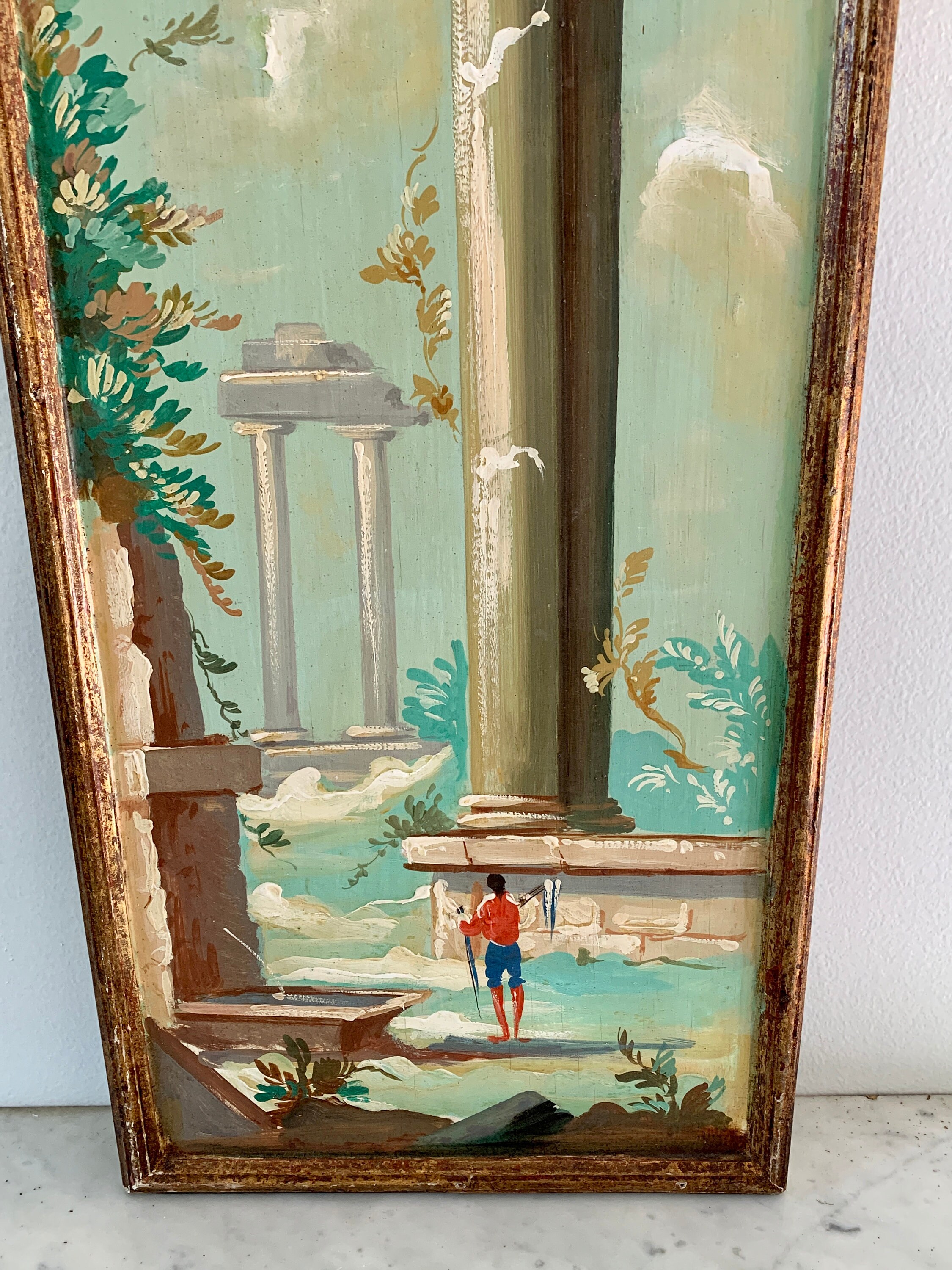 Pair Antique Italian Capriccio Landscape Paintings, Oil on Board With ...
