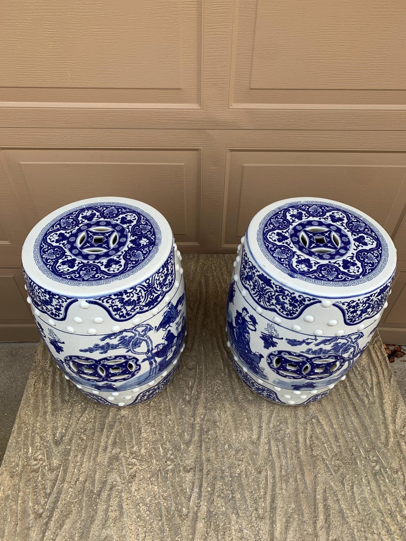 Chinoiserie Blue and White Porcelain Garden Stools or Side Tables, Pair ...