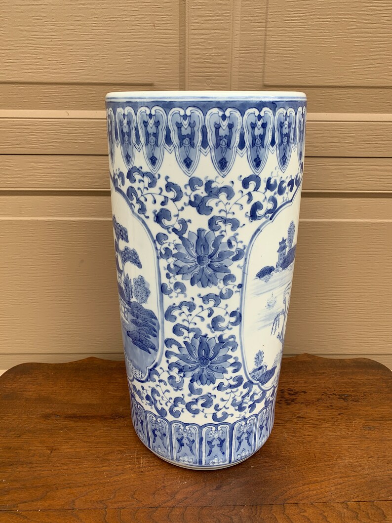Vintage Chinoiserie Blue and White Porcelain Umbrella Stand - Etsy