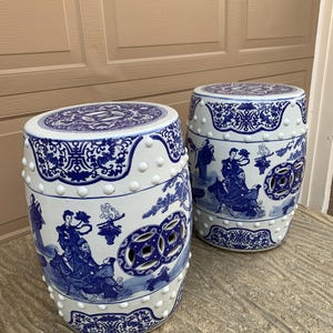 Chinoiserie Blue and White Porcelain Garden Stools or Side Tables, Pair ...