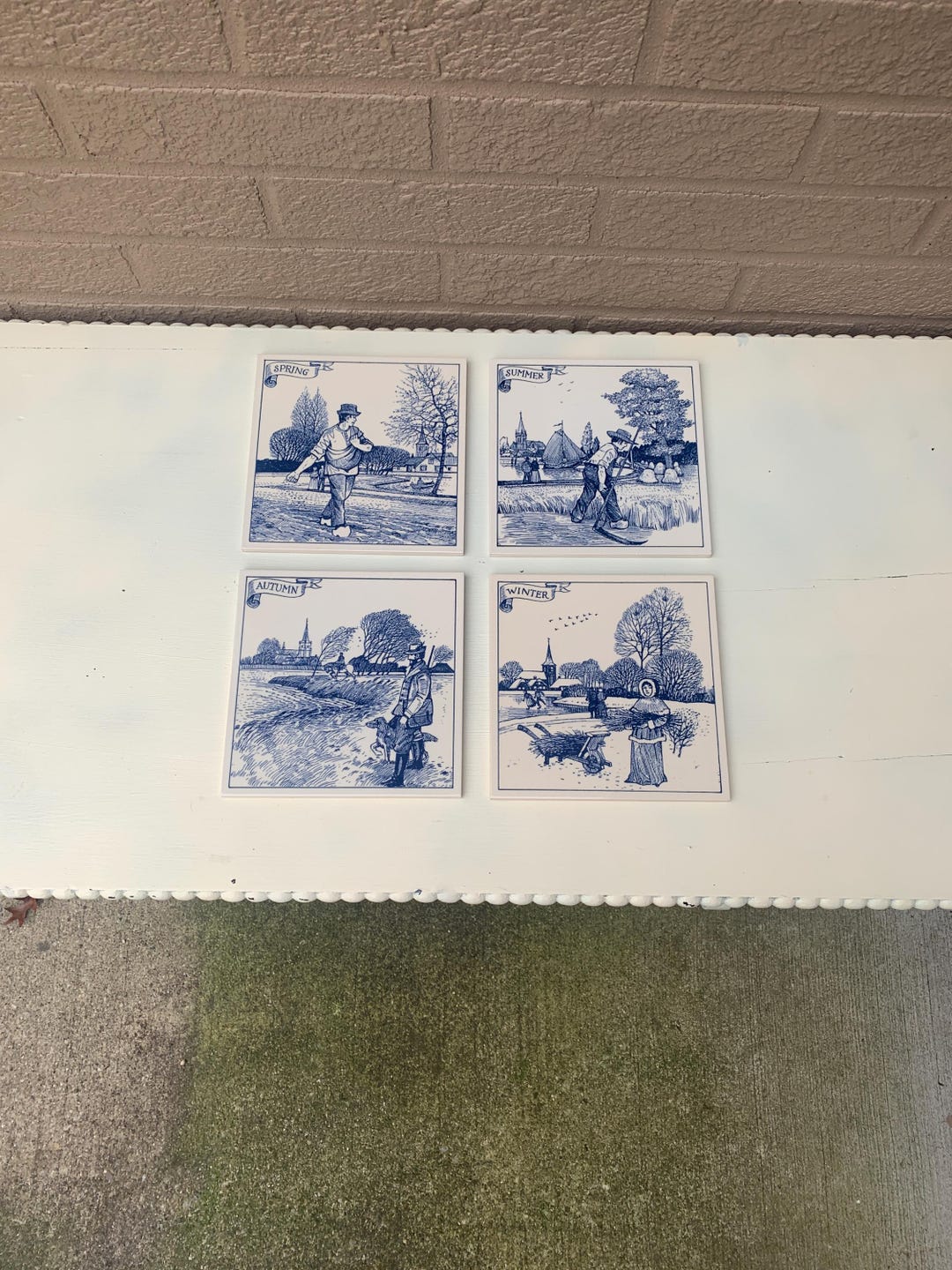 Vintage Dutch Delft Handmade Blue and White Tiles Depicting the Four ...