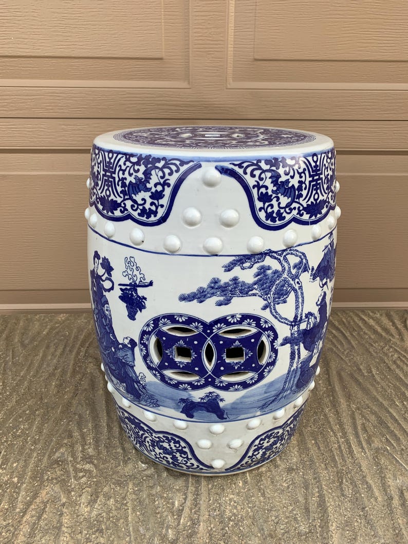 Chinoiserie Blue and White Porcelain Garden Stools or Side Tables, Pair ...